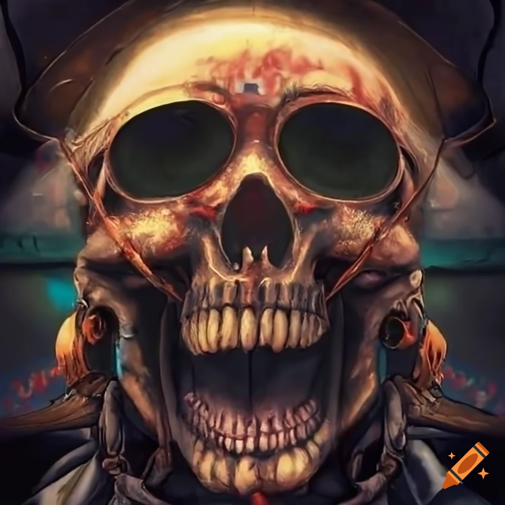 Skull wearing pilot goggles in a cockpit on Craiyon