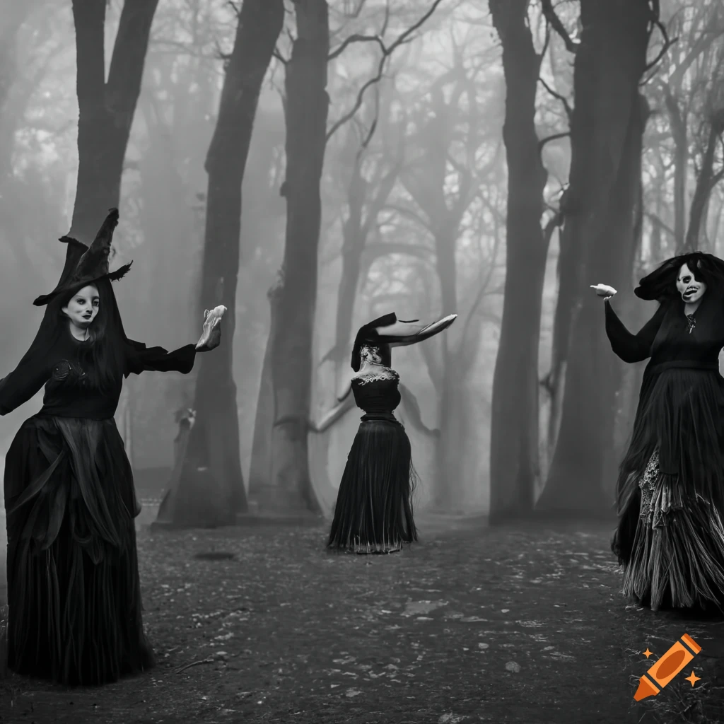 Black and white image of witches dancing in a foggy graveyard on Craiyon