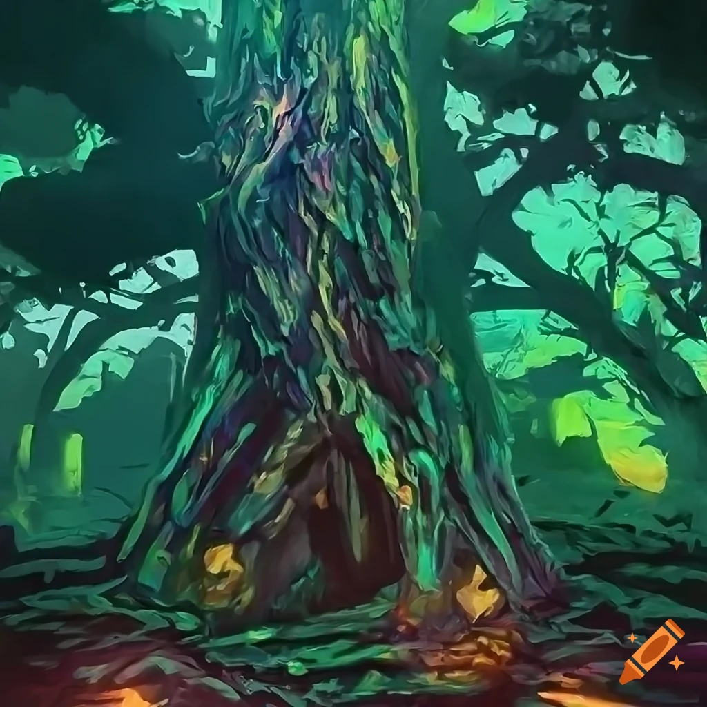 Digital painting of a rune carved into a tree trunk on Craiyon