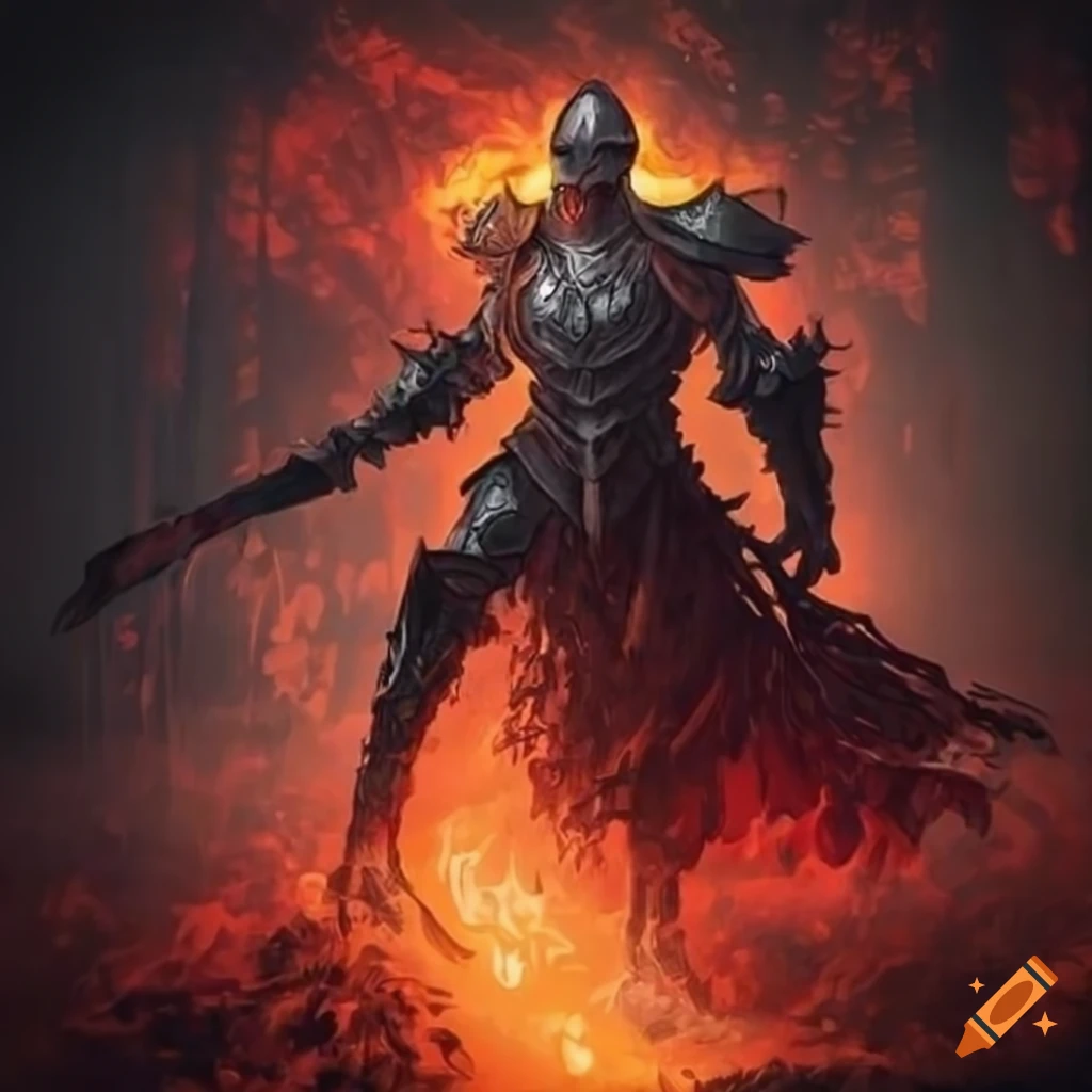 Image of a fiery red warrior in a mystical forest on Craiyon