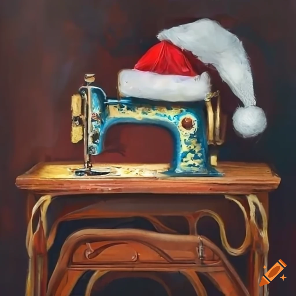 Festive vintage sewing machine with santa hat and fairy lights on Craiyon