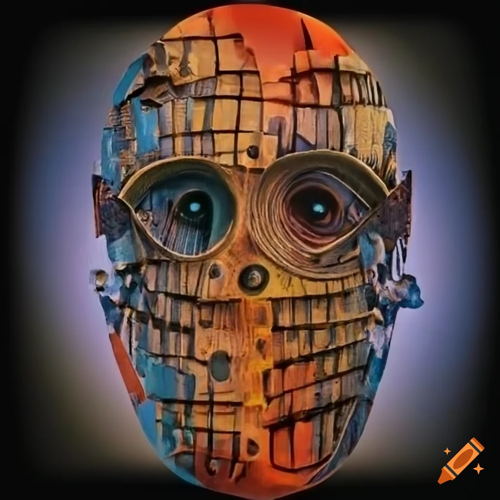 Surrealist collage of a complex machine mask Surrealist collage of a complex machine mask