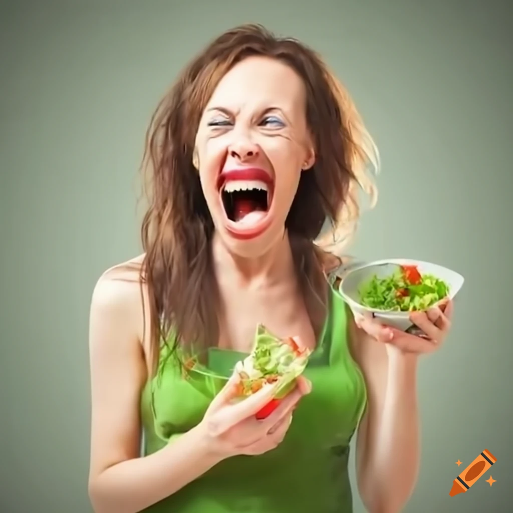 Woman enjoying a salad and laughing on Craiyon