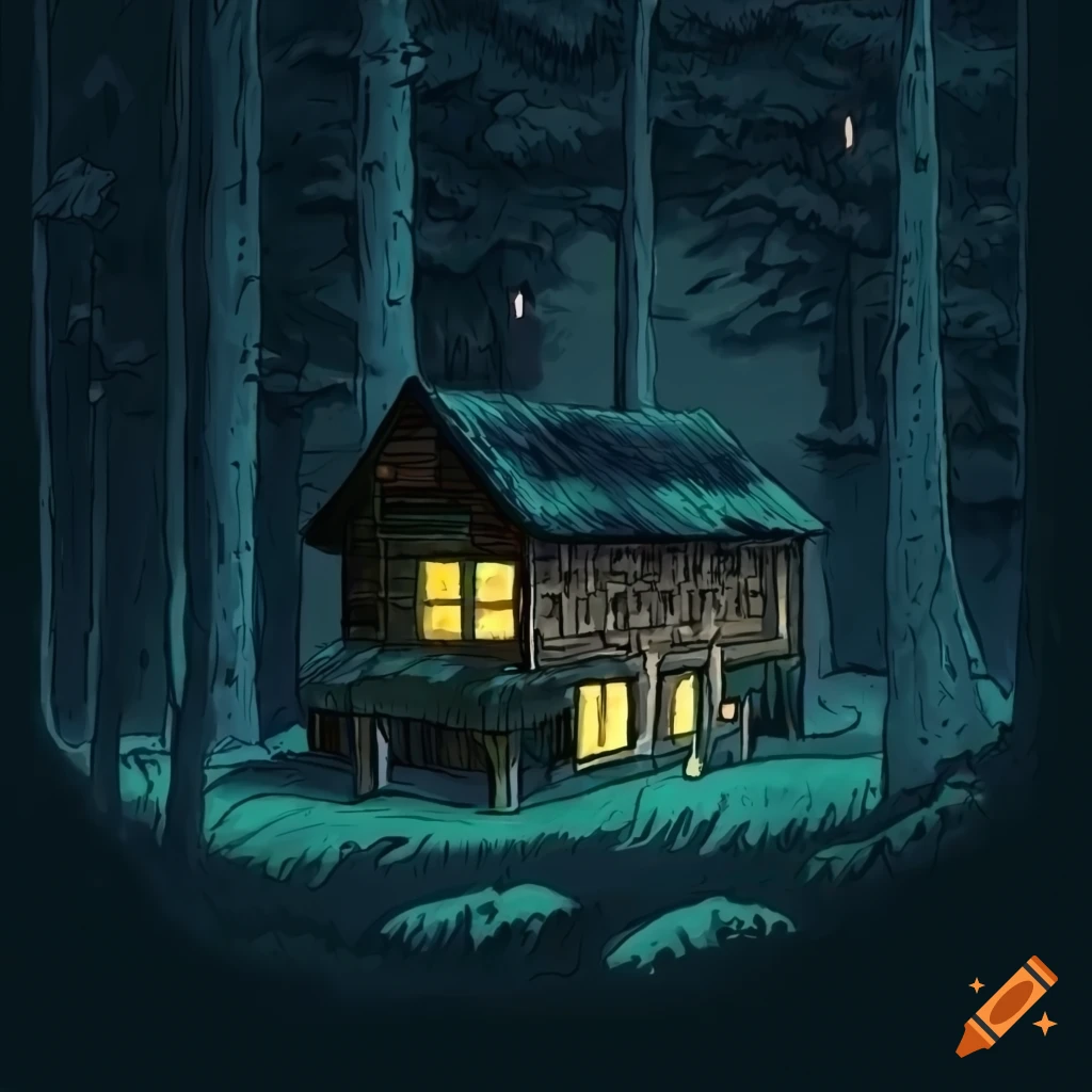 16-bit style drawing of a cabin in a mystic forest at night on Craiyon