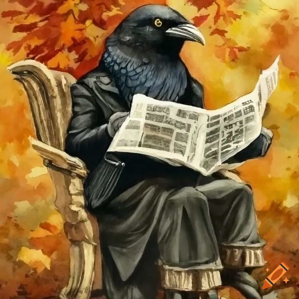 Watercolor painting of a raven reading a newspaper on Craiyon