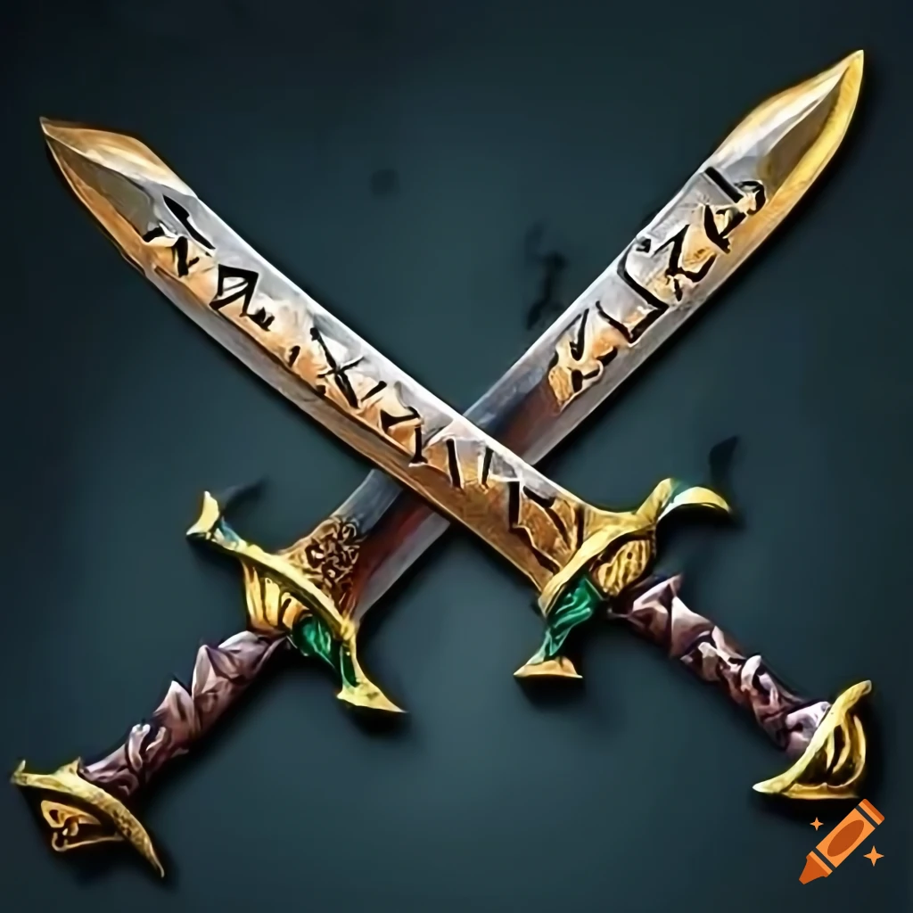 Silver and gold twin swords with mystical runes on Craiyon
