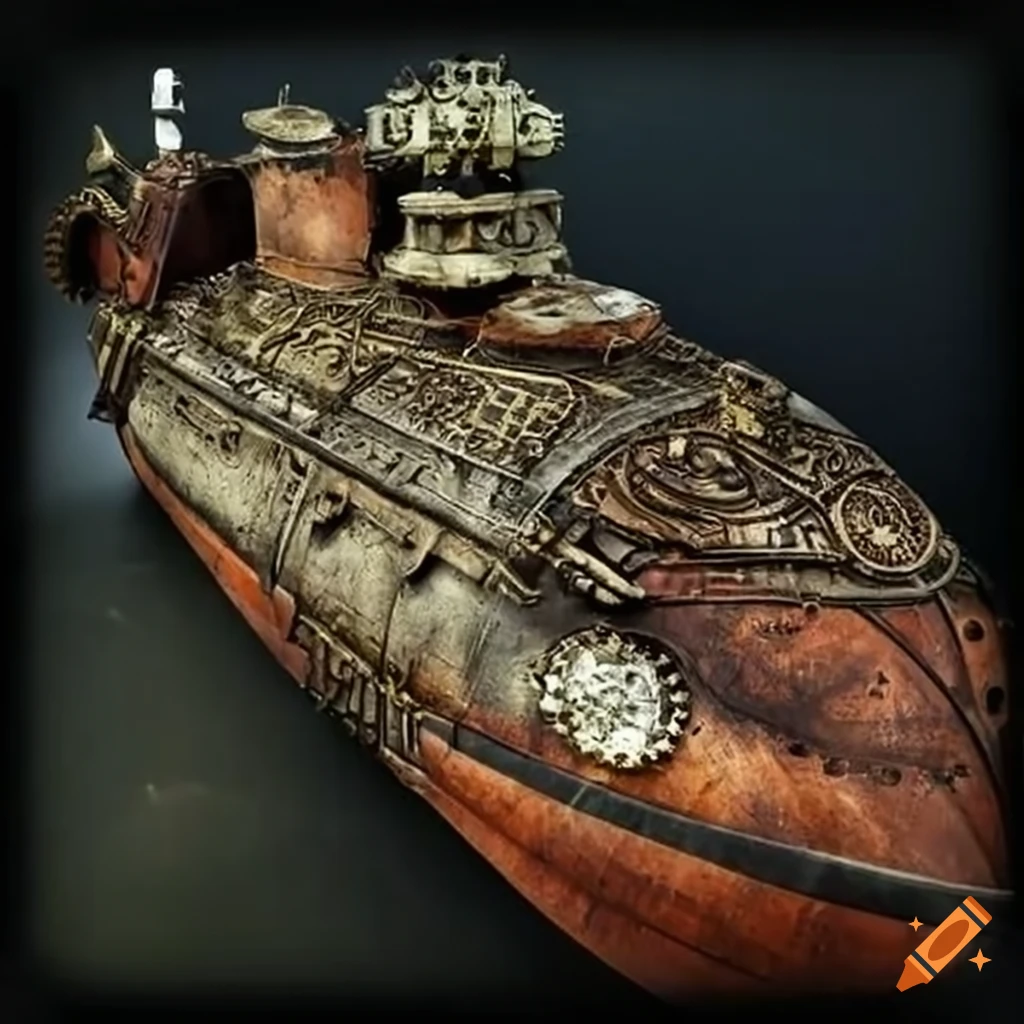 Steampunk submarine adorned with Mayan hieroglyphs on Craiyon