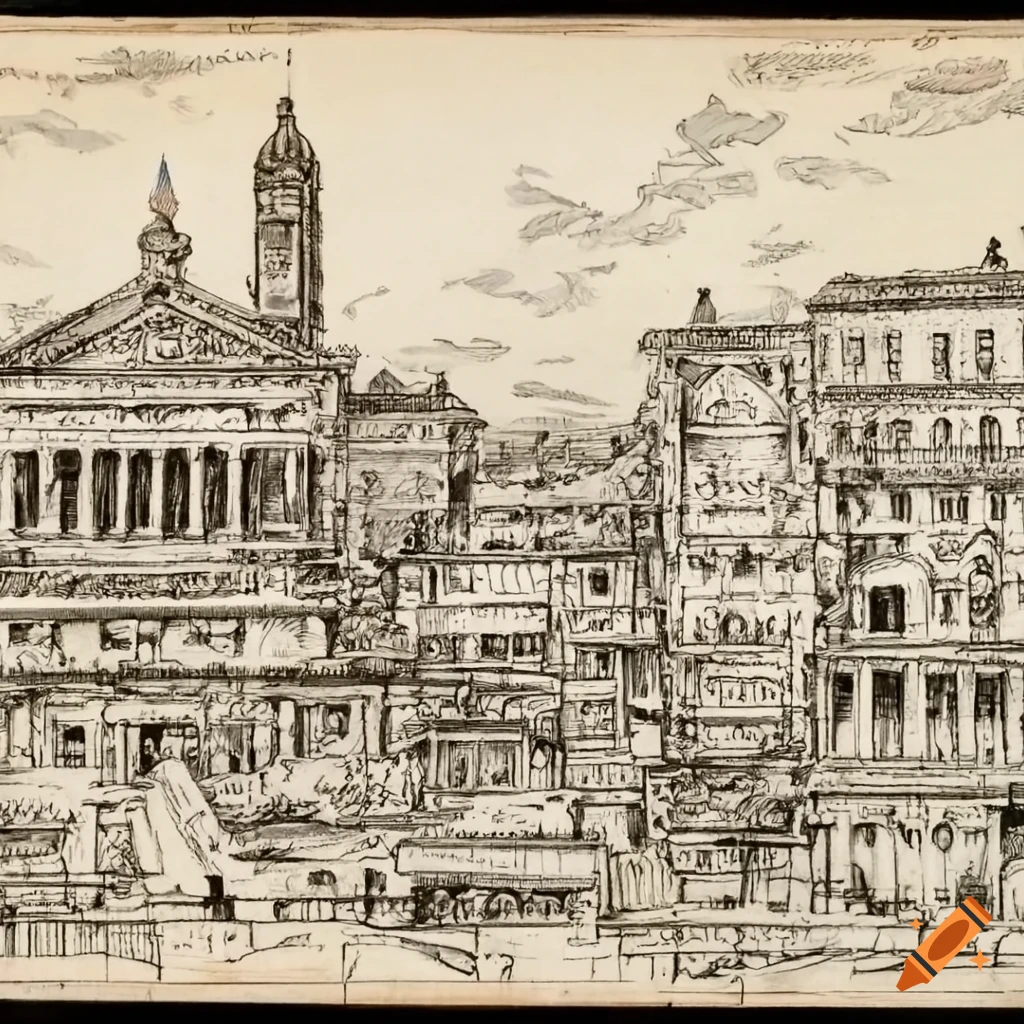 Detailed pencil sketch of a Roman cityscape on Craiyon