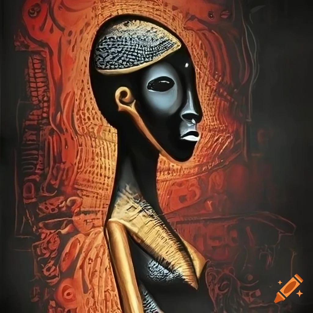 Abstract art inspired by African tribe with gold, black, red, and ...