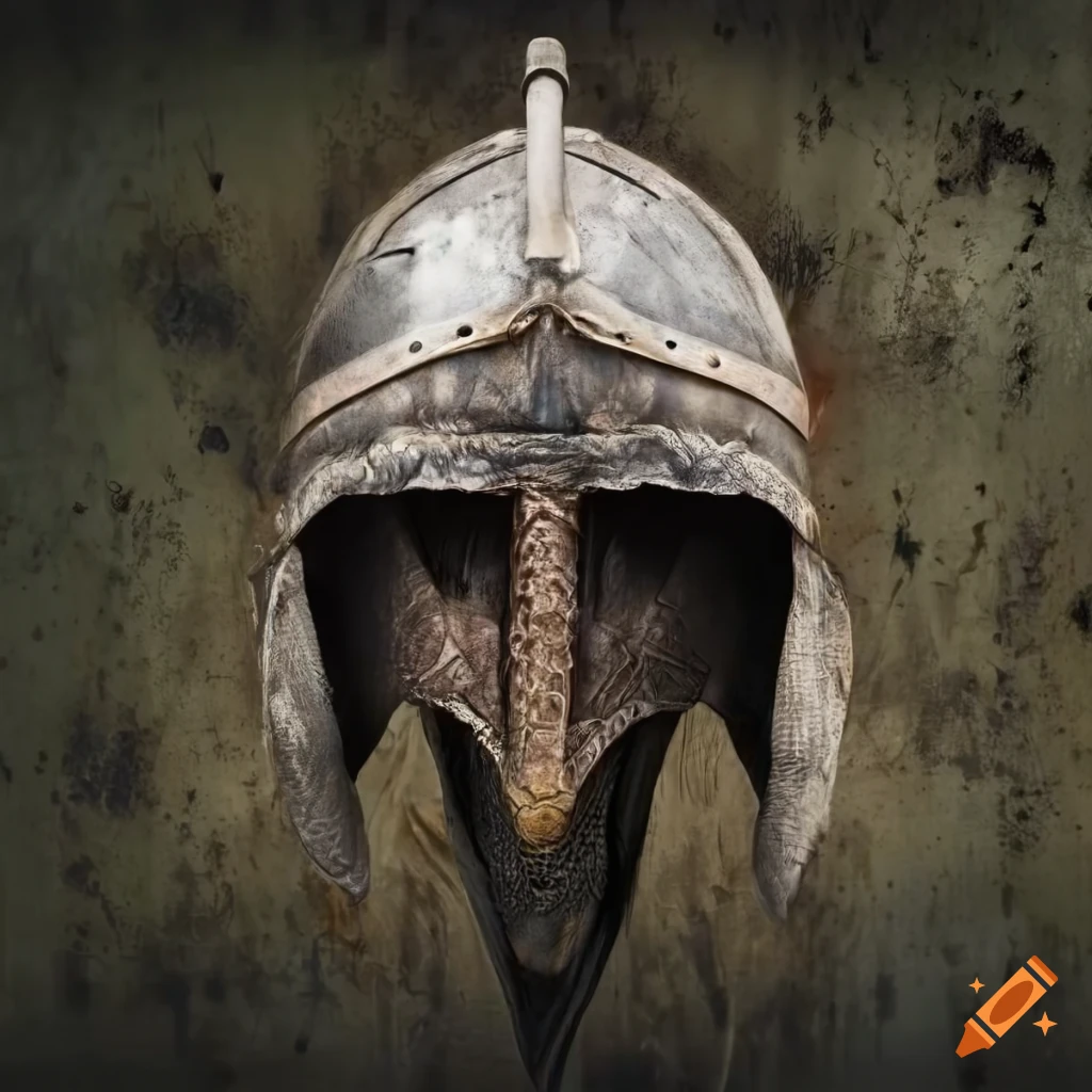 Enclosed helmet of a menacing horseman on textured background on Craiyon