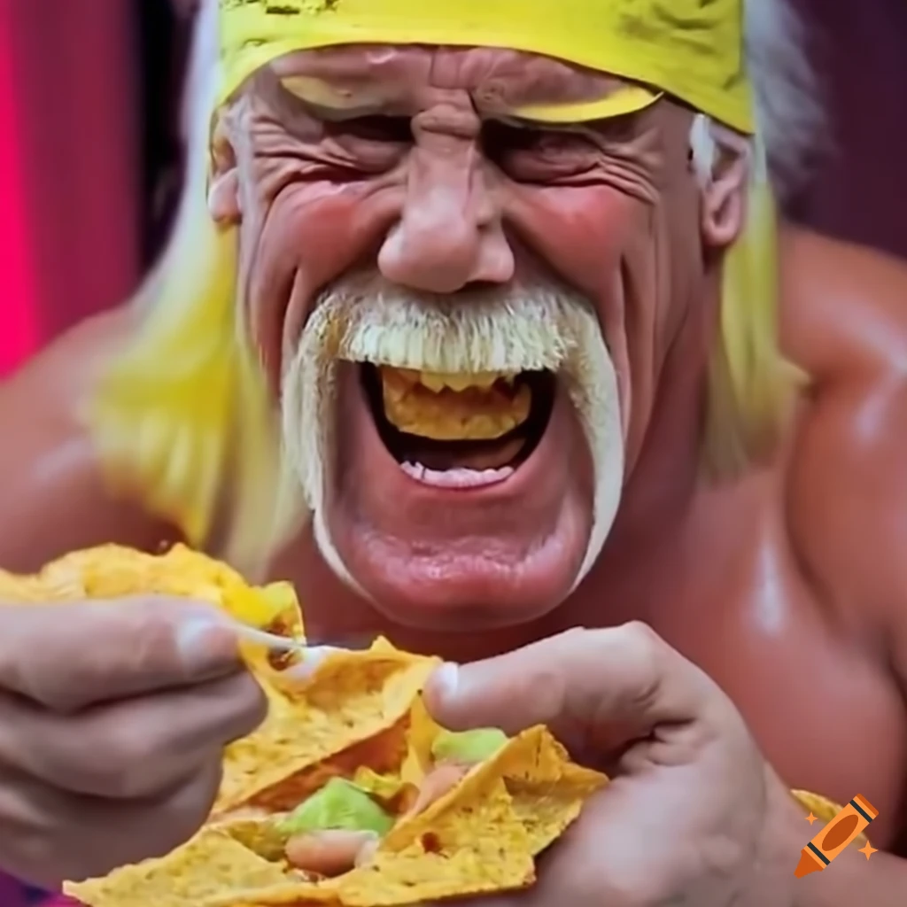Hulk Hogan laughing and eating nachos with cheese on Craiyon