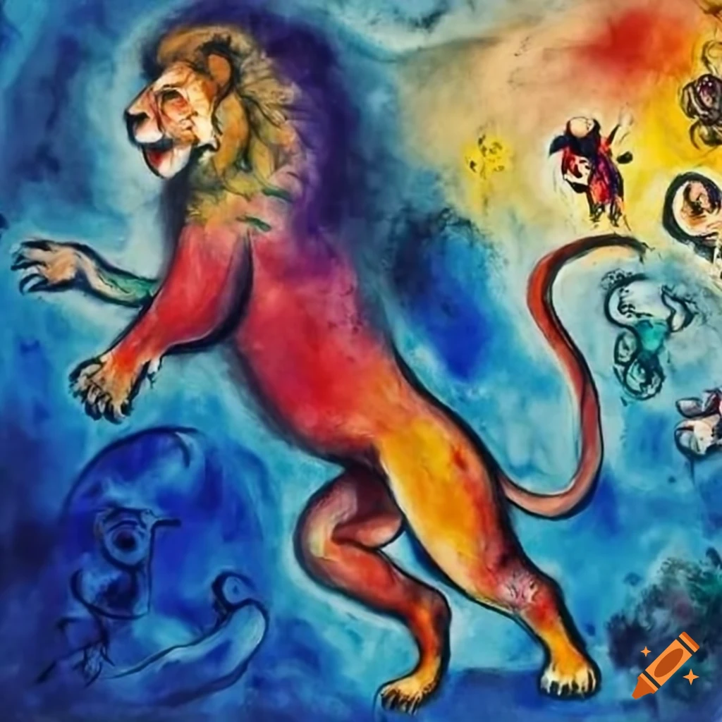 Painting of a lion leaping through the sky in marc chagall style