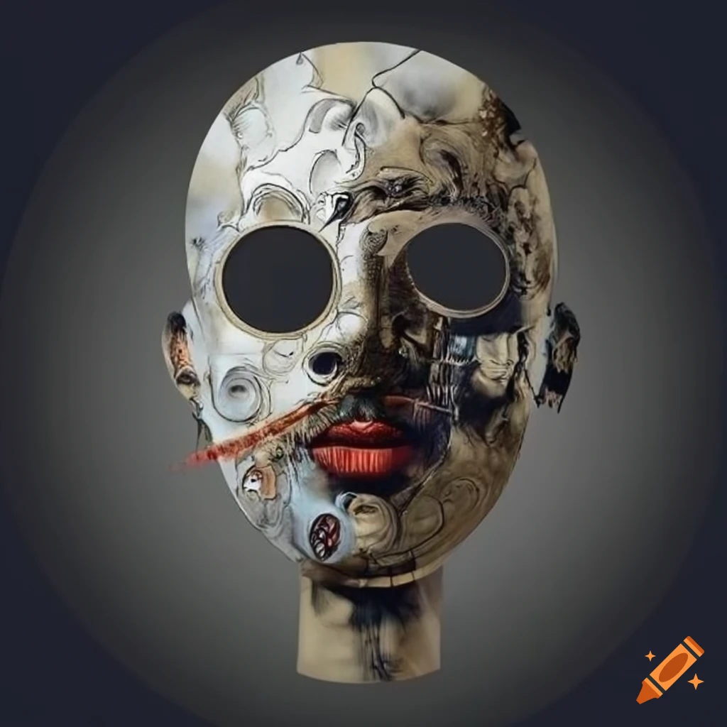 Surreal collage of a complex machine mask on Craiyon