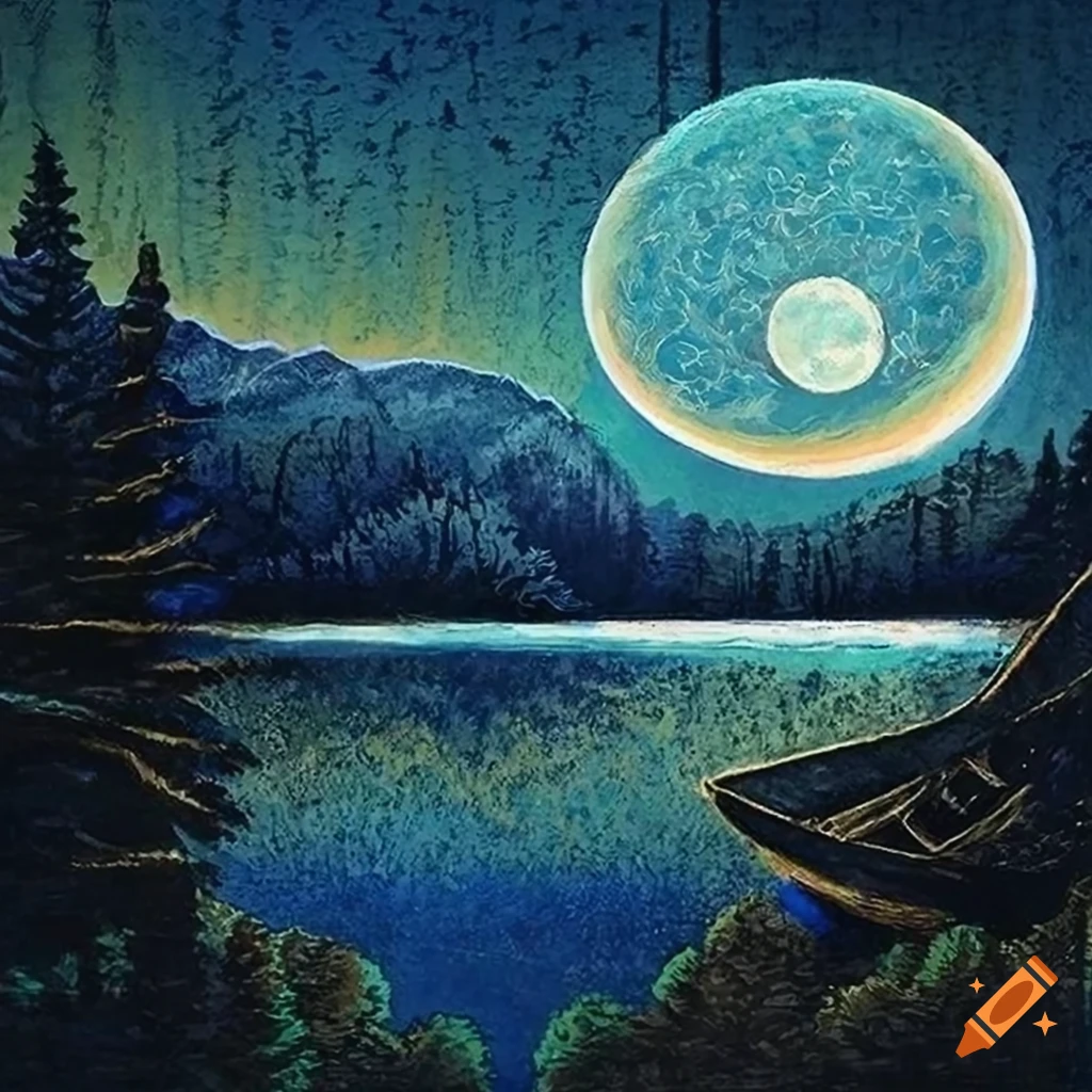 Serene pen and ink landscape with moonlit boat on Craiyon