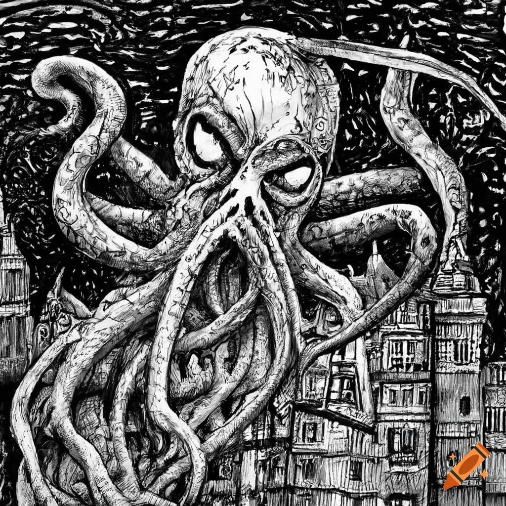 Ink drawing of Cthulhu attacking a city on Craiyon