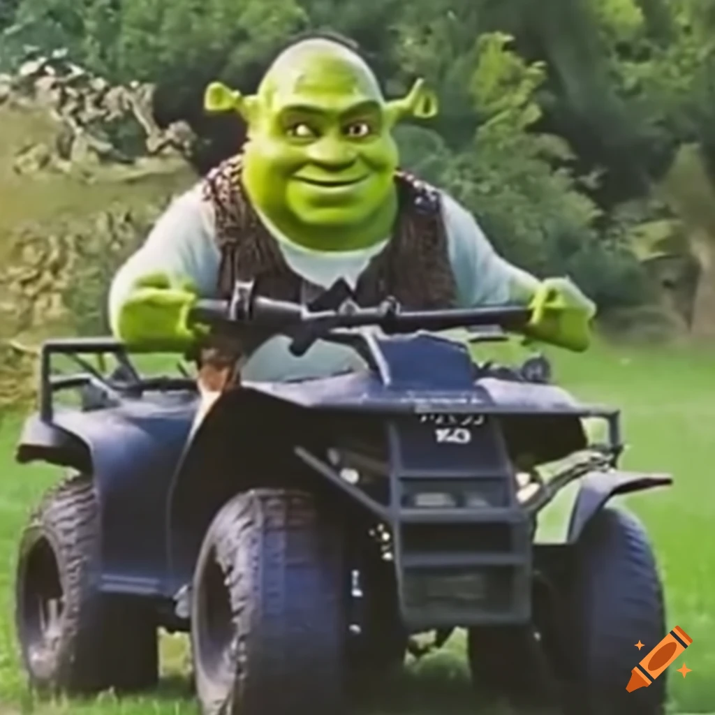 Shrek riding a quad bike in an 80s movie scene on Craiyon