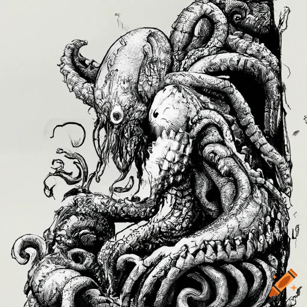 Ink drawing of Cthulhu attacking a city on Craiyon