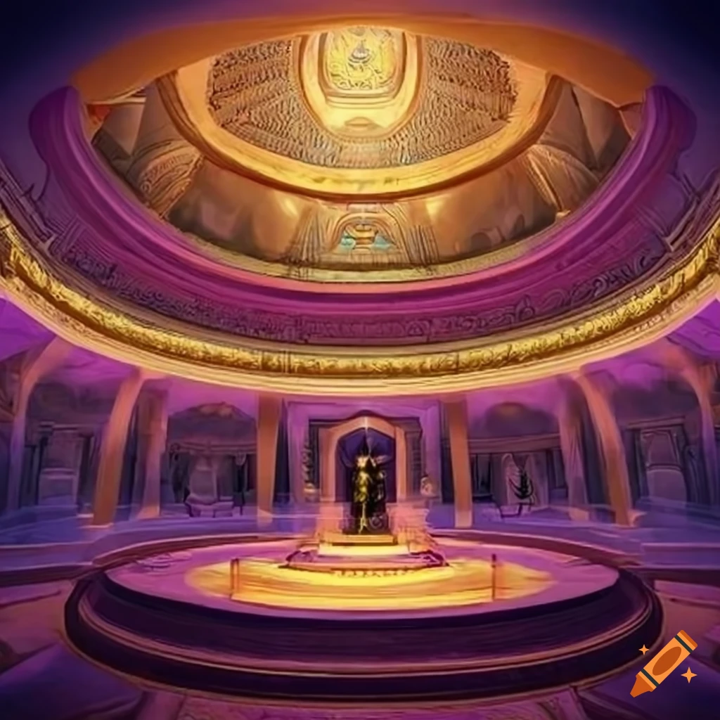 Photo of a large round hall in a magical council temple on Craiyon