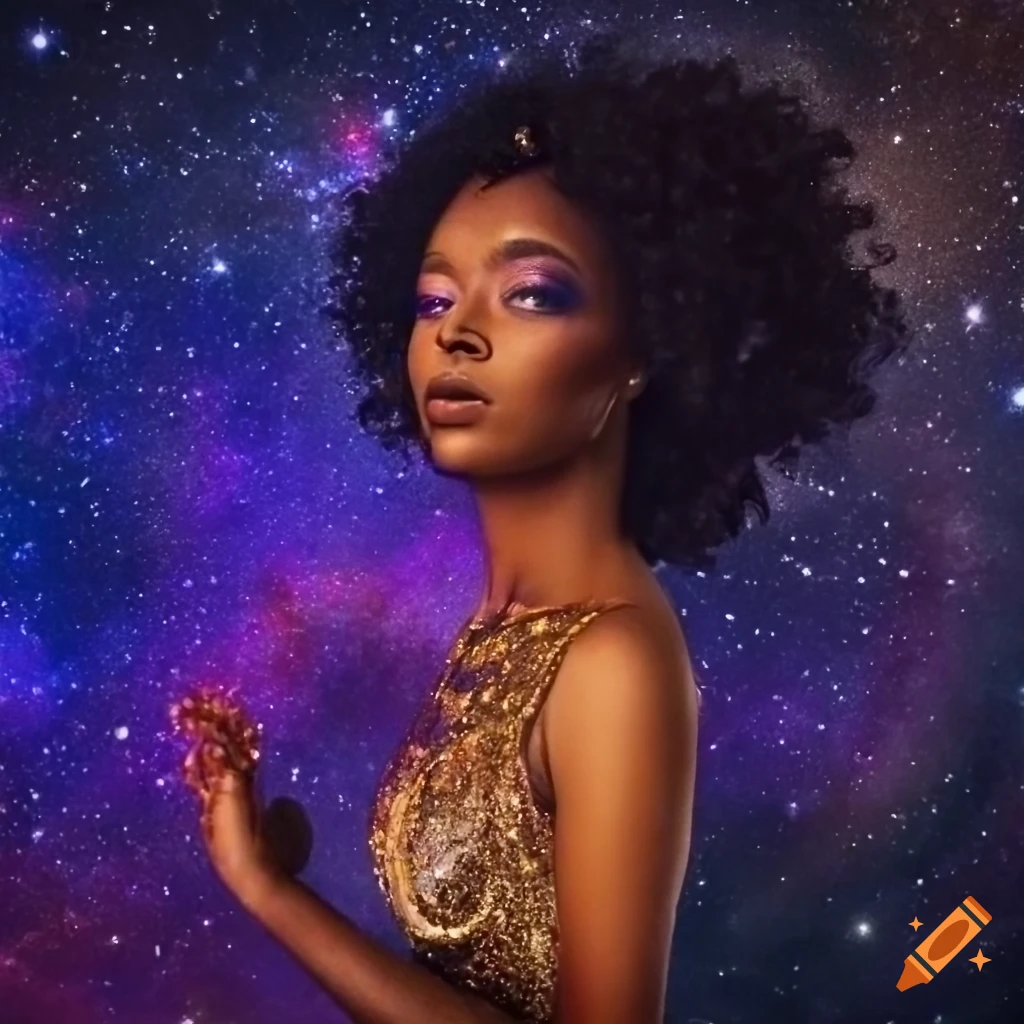 Portrait of a golden-eyed dark-skinned woman with flowing curly hair on ...