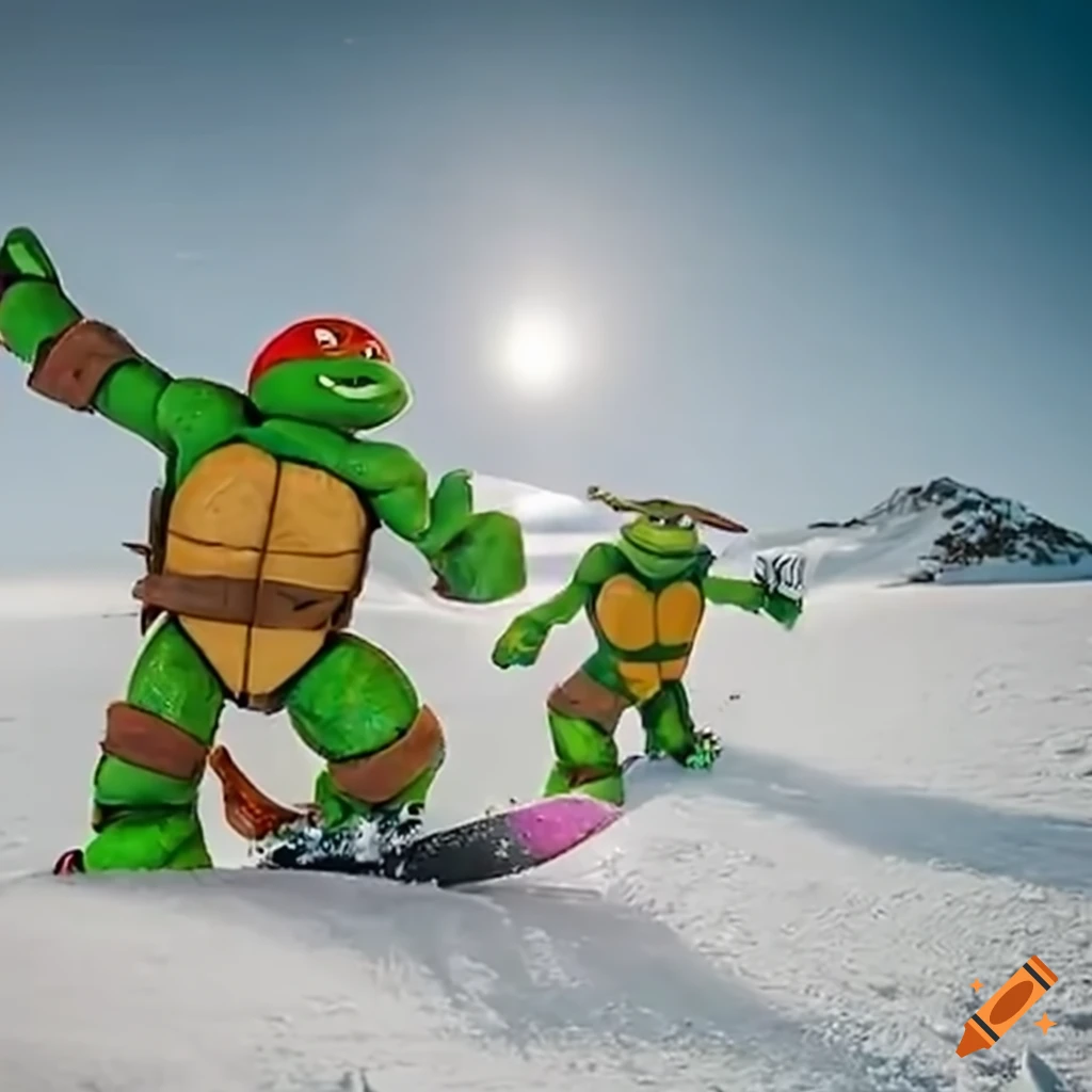 Cartoon of ninja turtles snowboarding on Craiyon