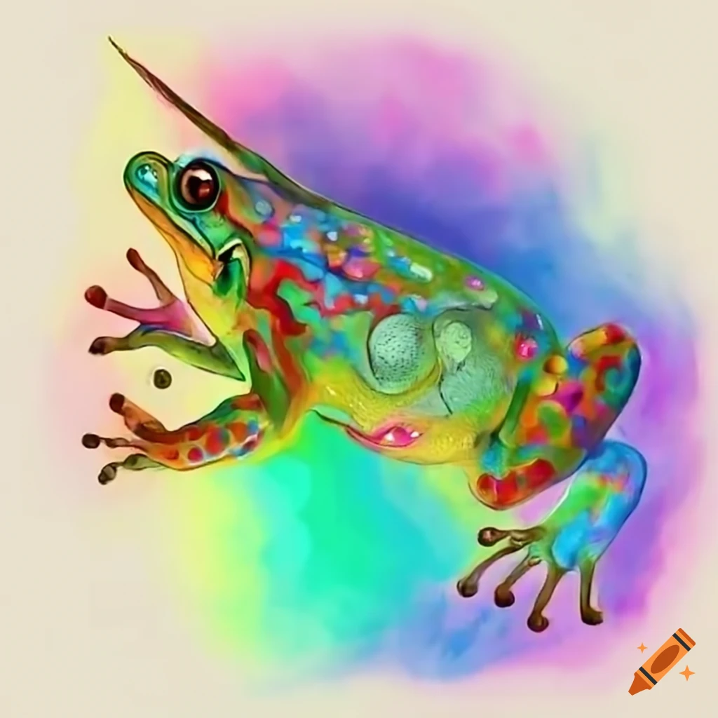 Colorful frog with unicorn horn in a rainbow on Craiyon
