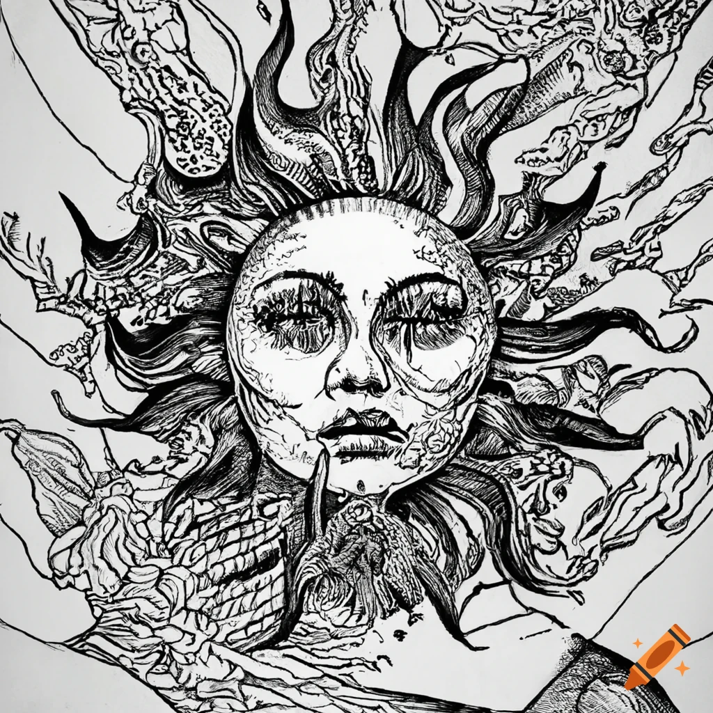 Black and white ink drawing of the Sun tarot card on Craiyon