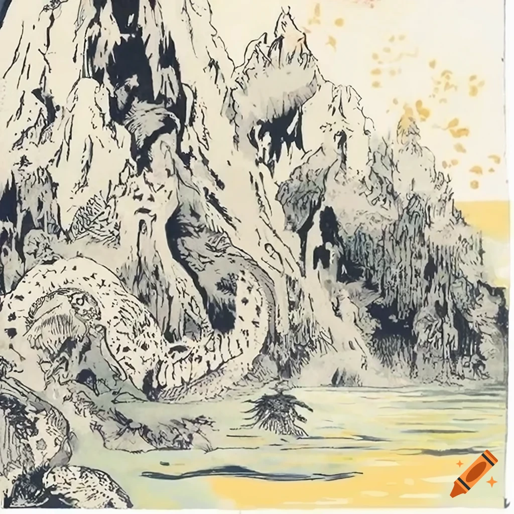 Colorful pen and ink landscape with mythical creatures on Craiyon