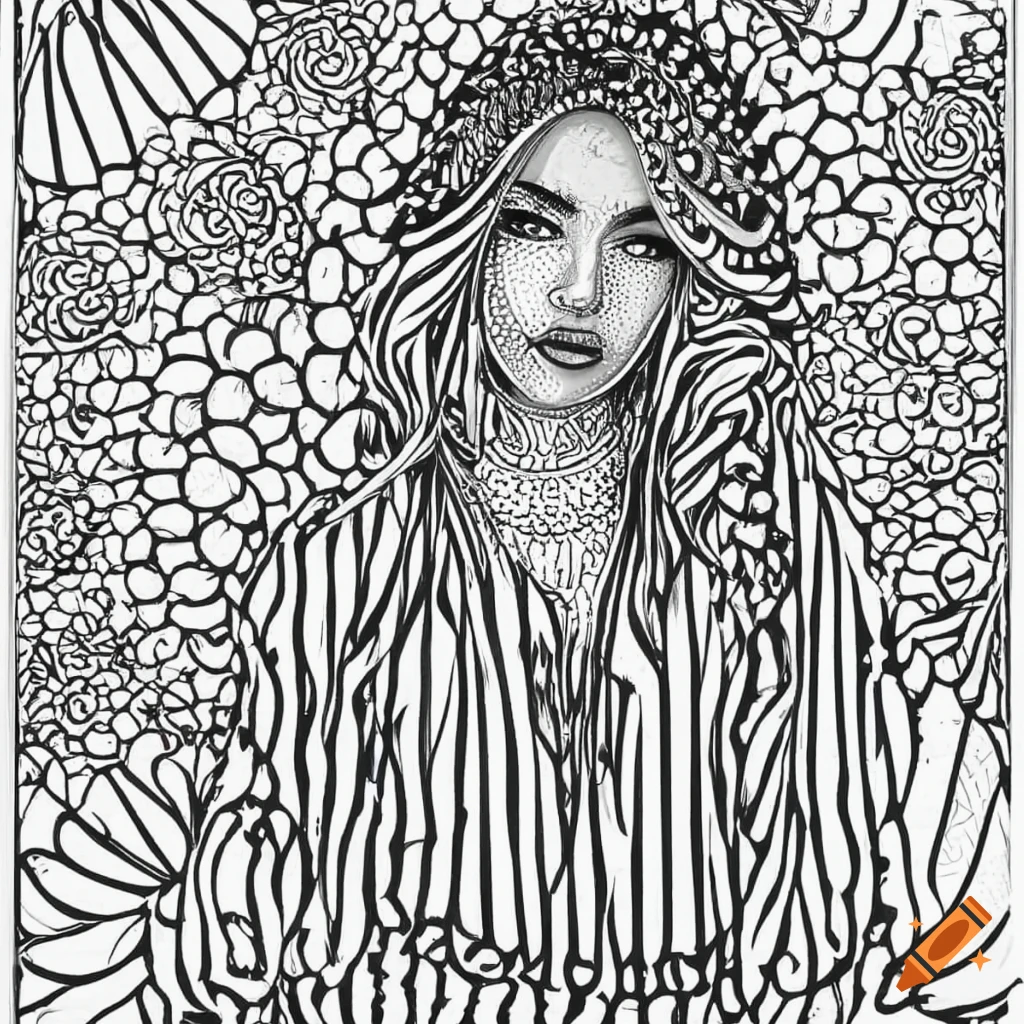 Black and white coloring page of a stylish boho woman on Craiyon