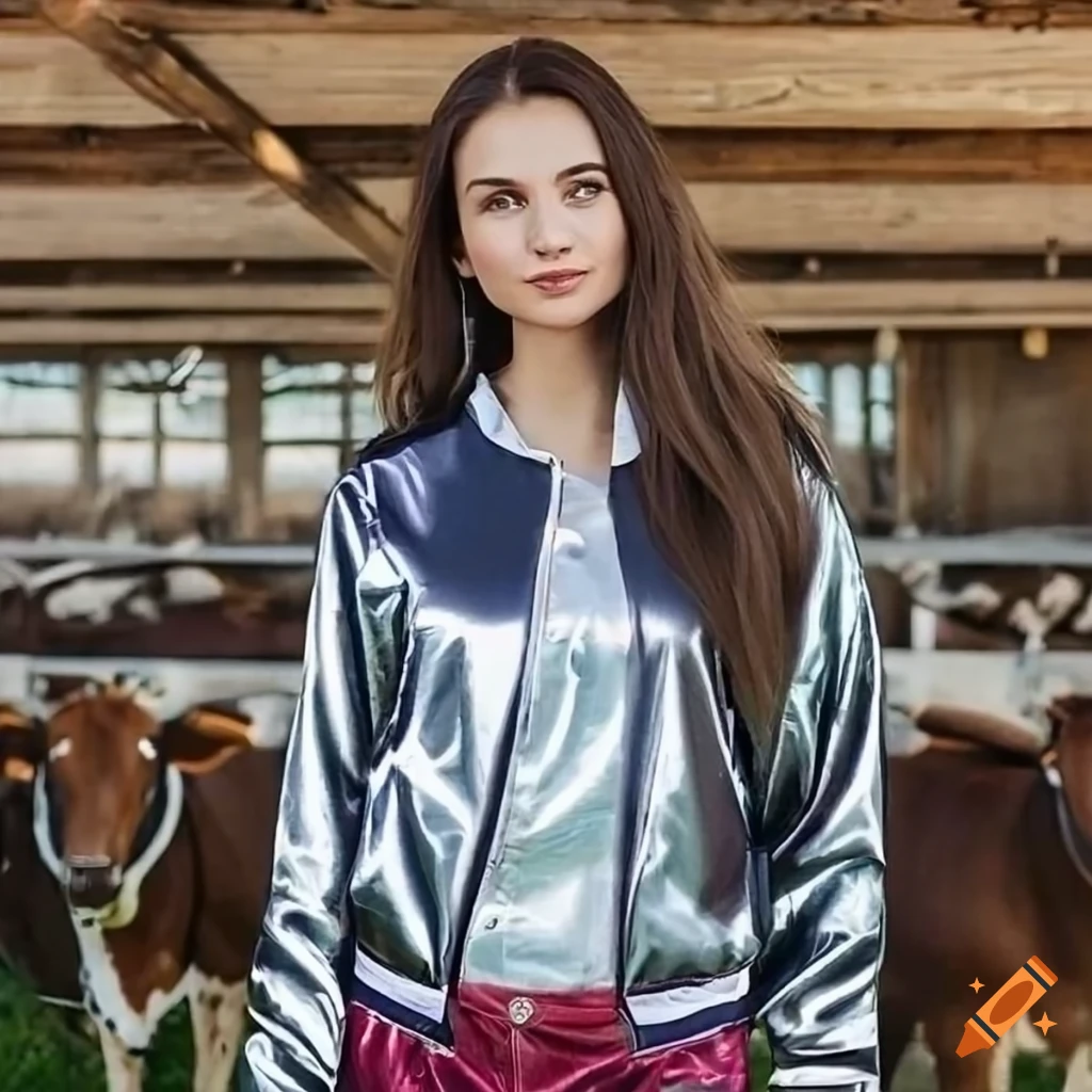 Fashion portrait of a confident girl in satin baseball jacket on Craiyon