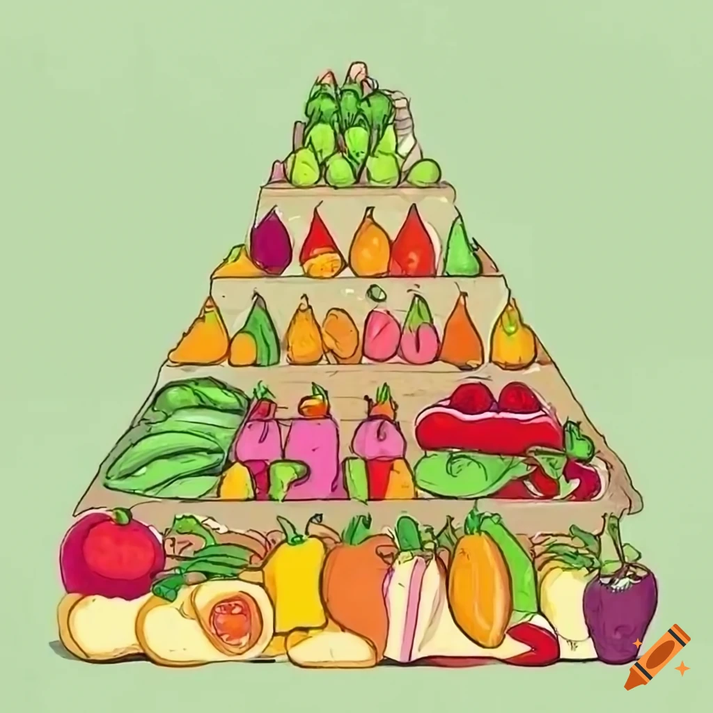 Illustration of a food guide pyramid surrounded by fruits and ...