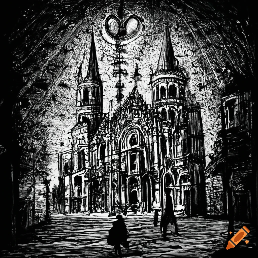 Black and white ink drawing of cosmic horror in a city on Craiyon