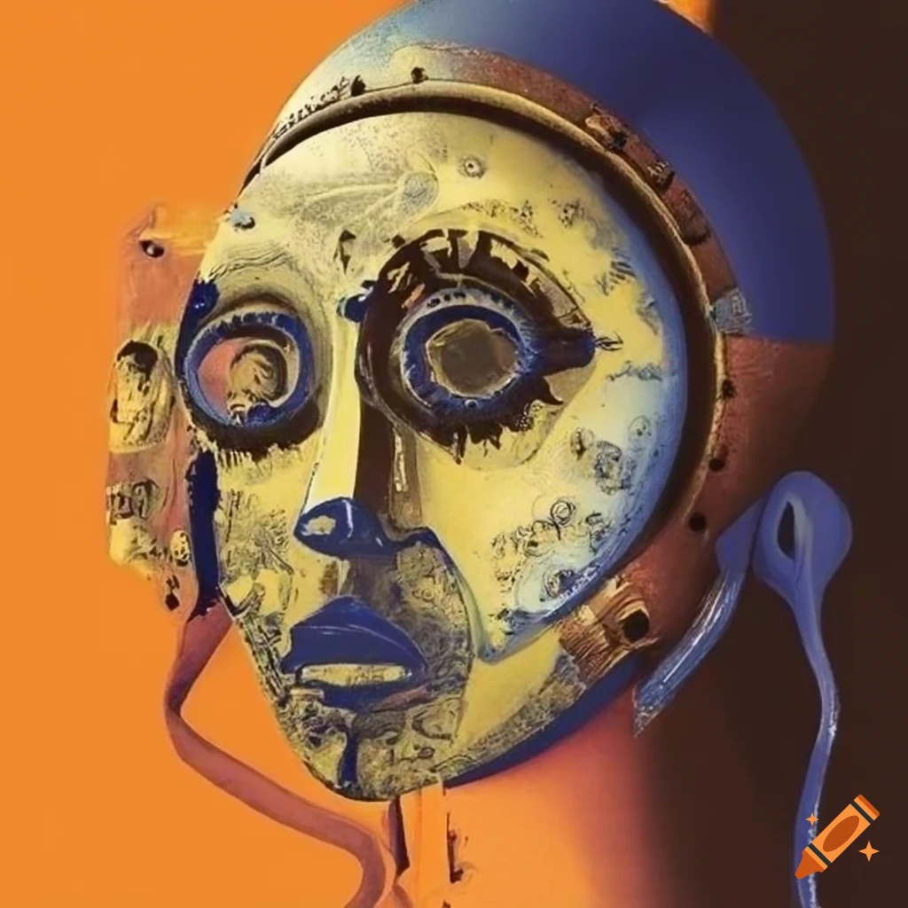 Surreal collage of a complex machine mask on Craiyon