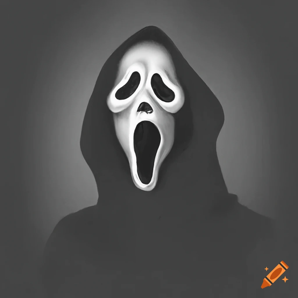 Black and white drawing of ghostface on Craiyon