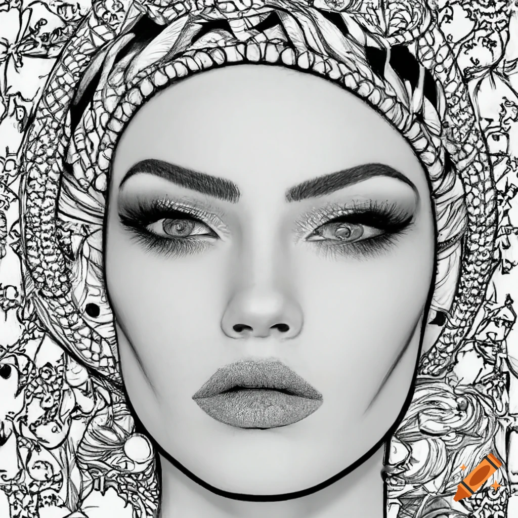 Detailed black and white coloring page with a runway and precise face ...