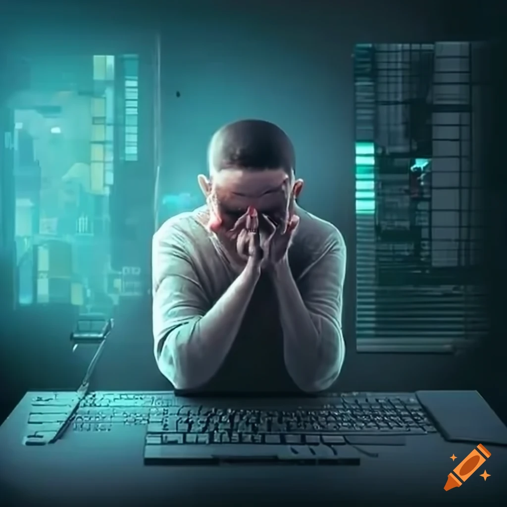 Man looking at evil computer screen on Craiyon