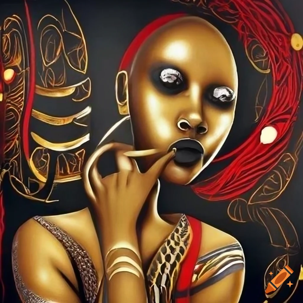 Surreal abstract art inspired by african tribe in gold, black, red, and ...