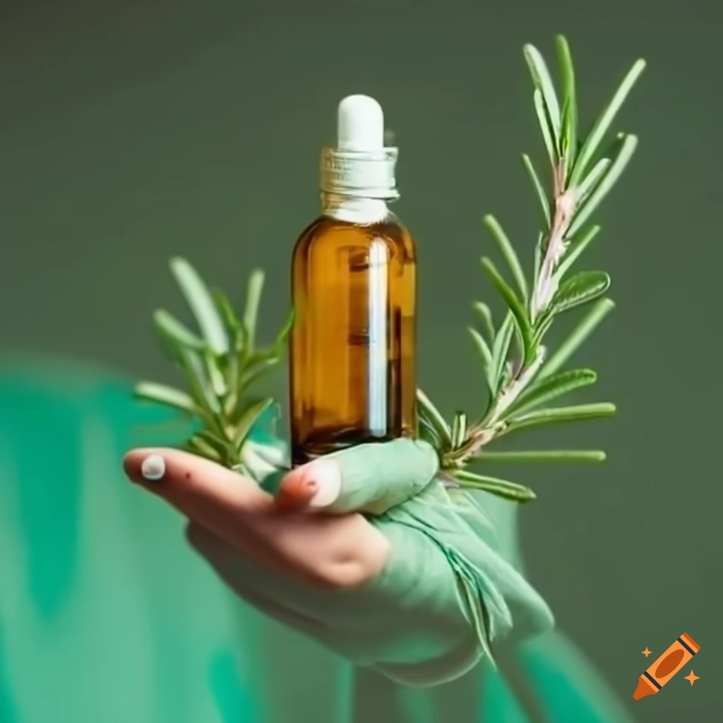 Woman holding essential oil and rosemary sprig on Craiyon