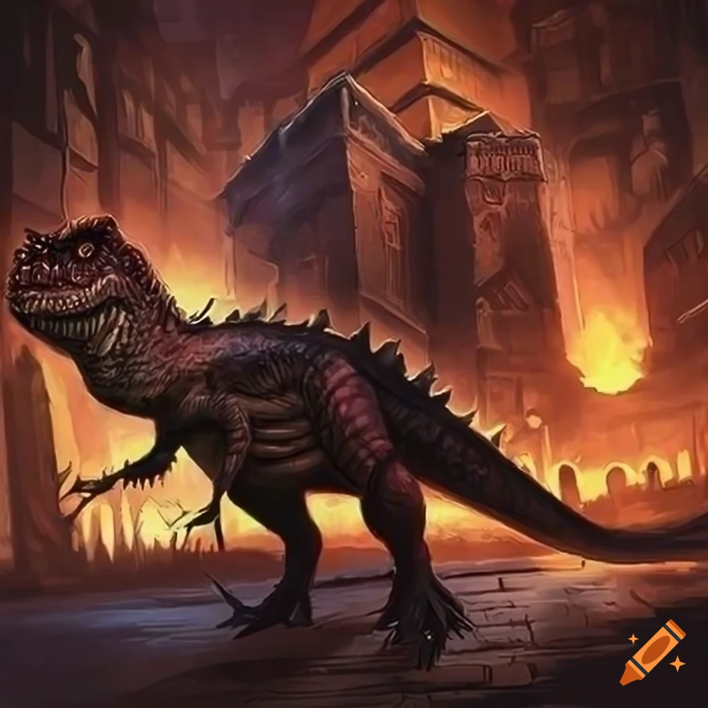 Fantasy illustration of an allosaurus in an ancient city on Craiyon