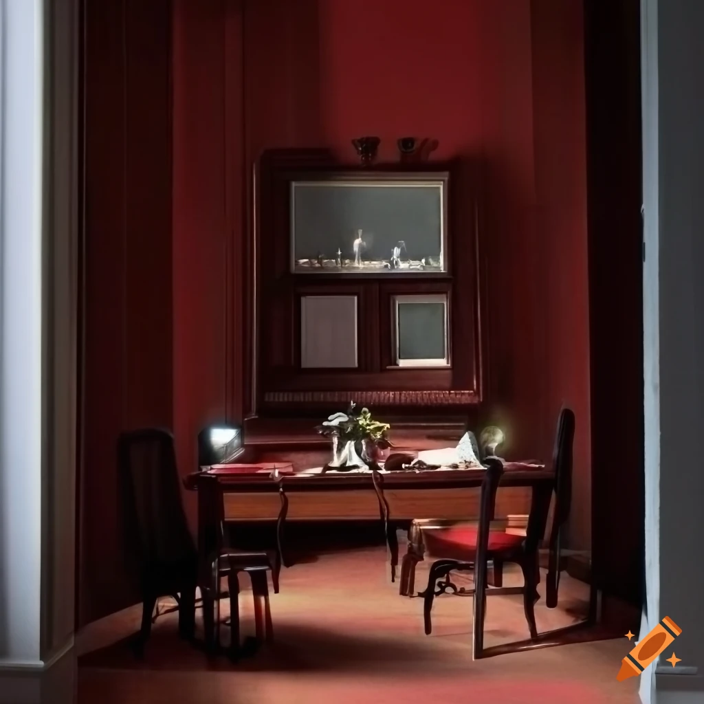 Dark professor's study with black, grey and red colors on Craiyon