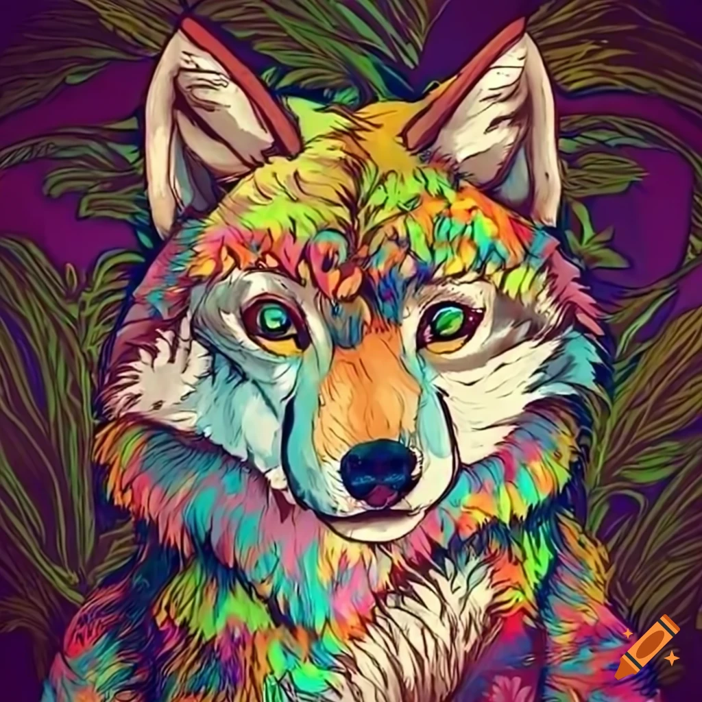 Colorful wolf exploring a vibrant jungle on Craiyon