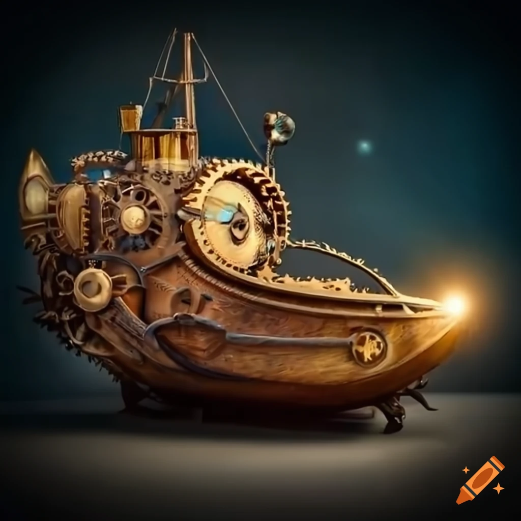 Hyper-realistic steampunk fish boat artwork on Craiyon