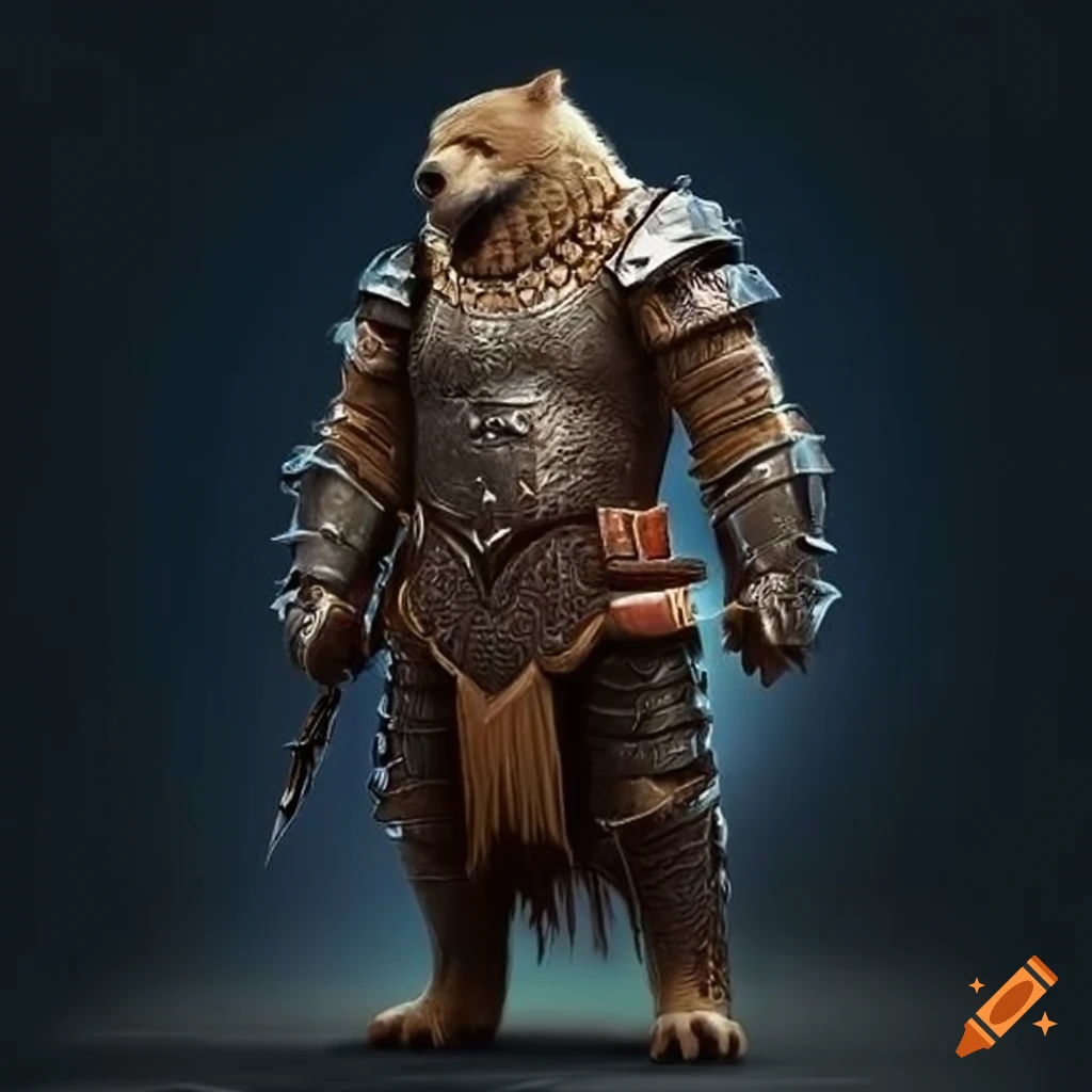 Illustration of a bear in plate armor on Craiyon