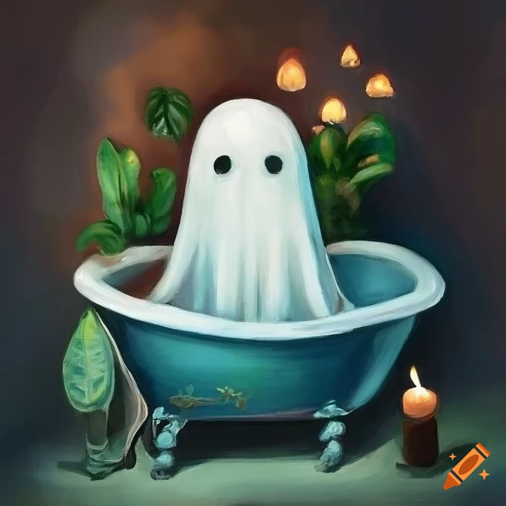 Painting of a ghost in a bathtub with candles and plants on Craiyon