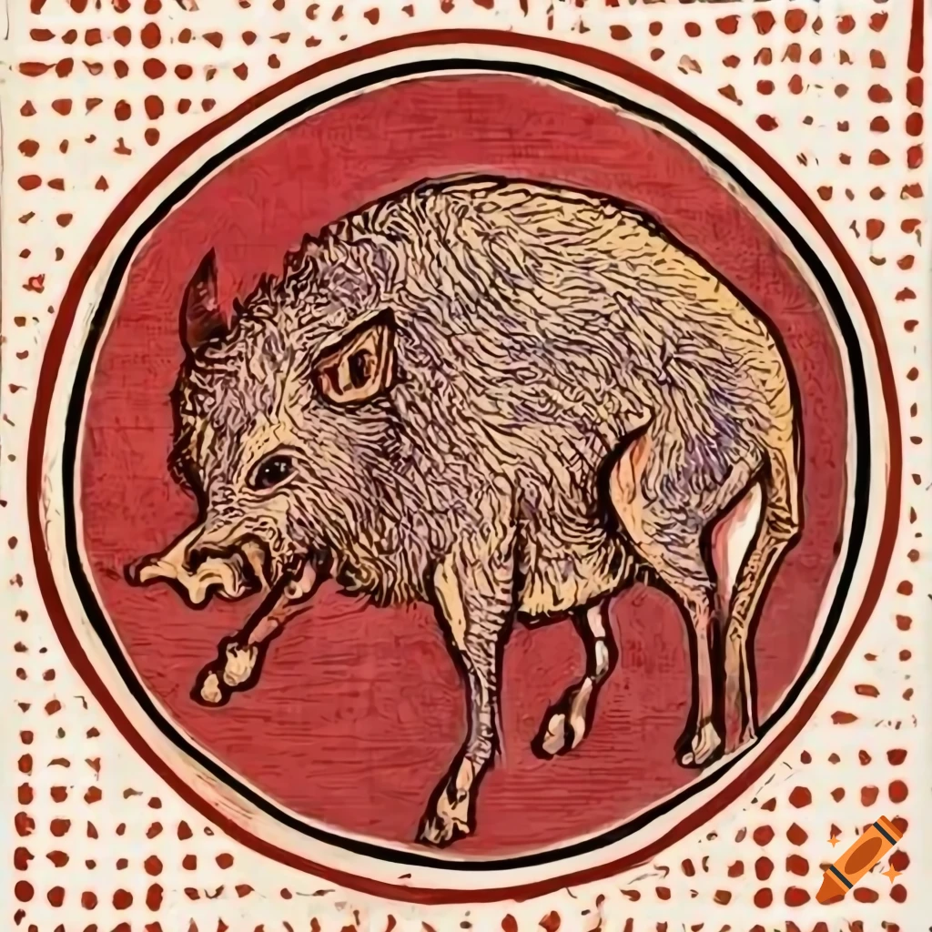Medieval drawing of a boar on a red background
