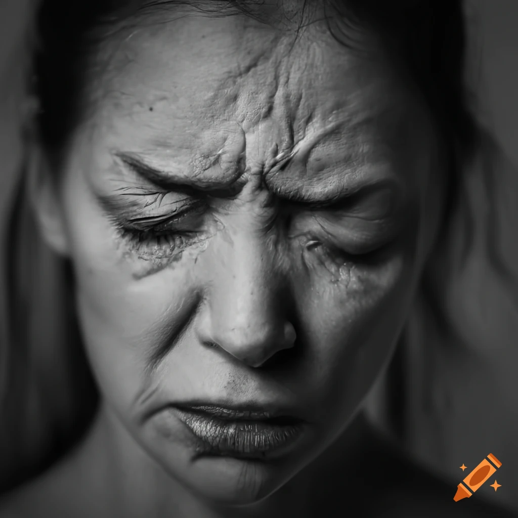 Black and white portrait of a woman in anguish on Craiyon