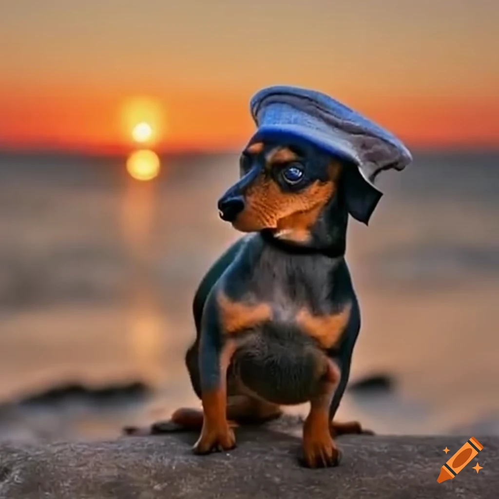 Perrro salchicha gordo tomando sol en laorilla del mar con un gorro de marinero on Craiyon