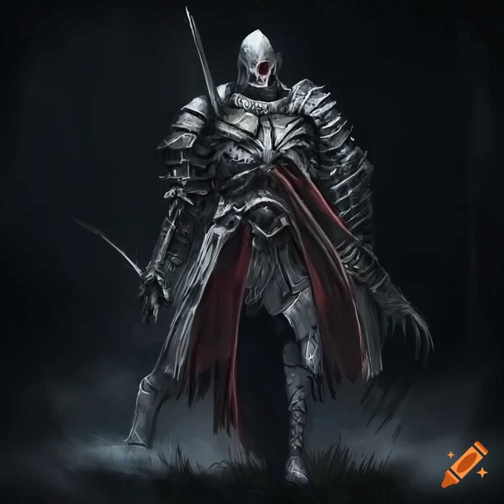 Image of a skeleton knight with red eyes and visor up on Craiyon