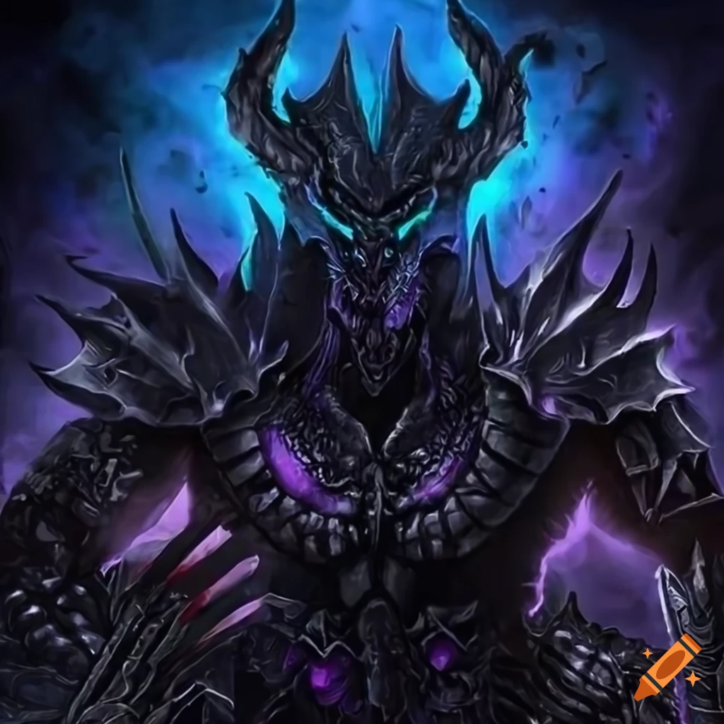 Illustration of a menacing demon king with blue glowing eyes on Craiyon