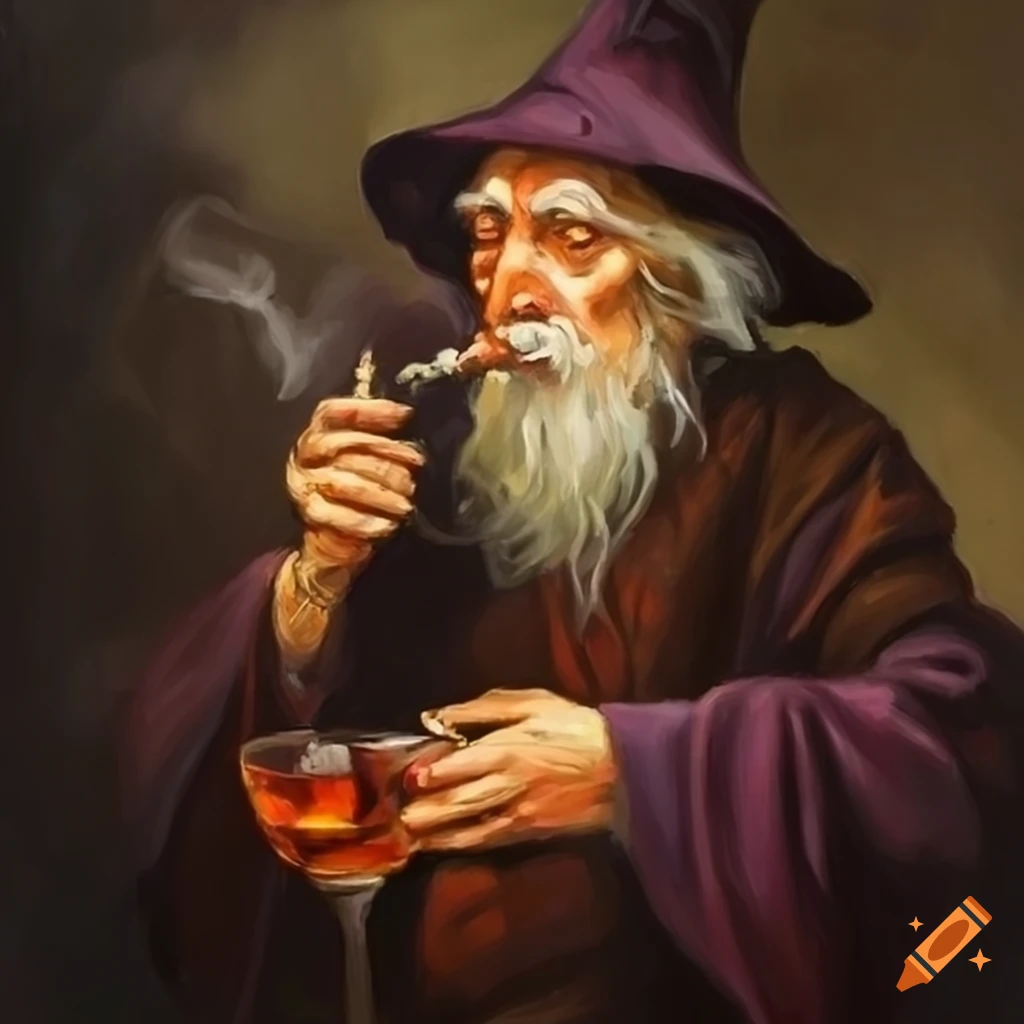 Oil painting of a wizard smoking a cigar and drinking bourbon on Craiyon