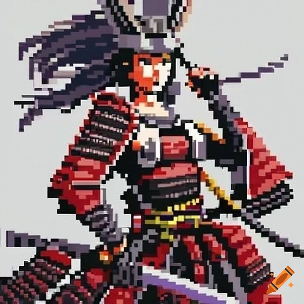 Pixel art of a fierce female samurai warrior on Craiyon